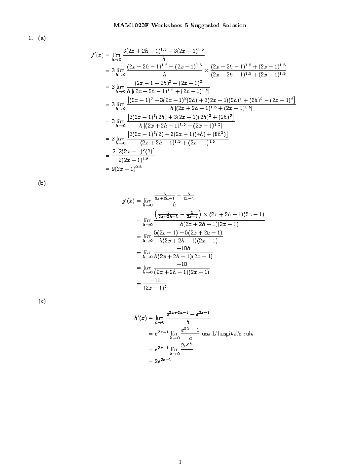 MAM1020F Worksheet 5 Solution - MAM1020F Worksheet 5 Suggested Solution ...