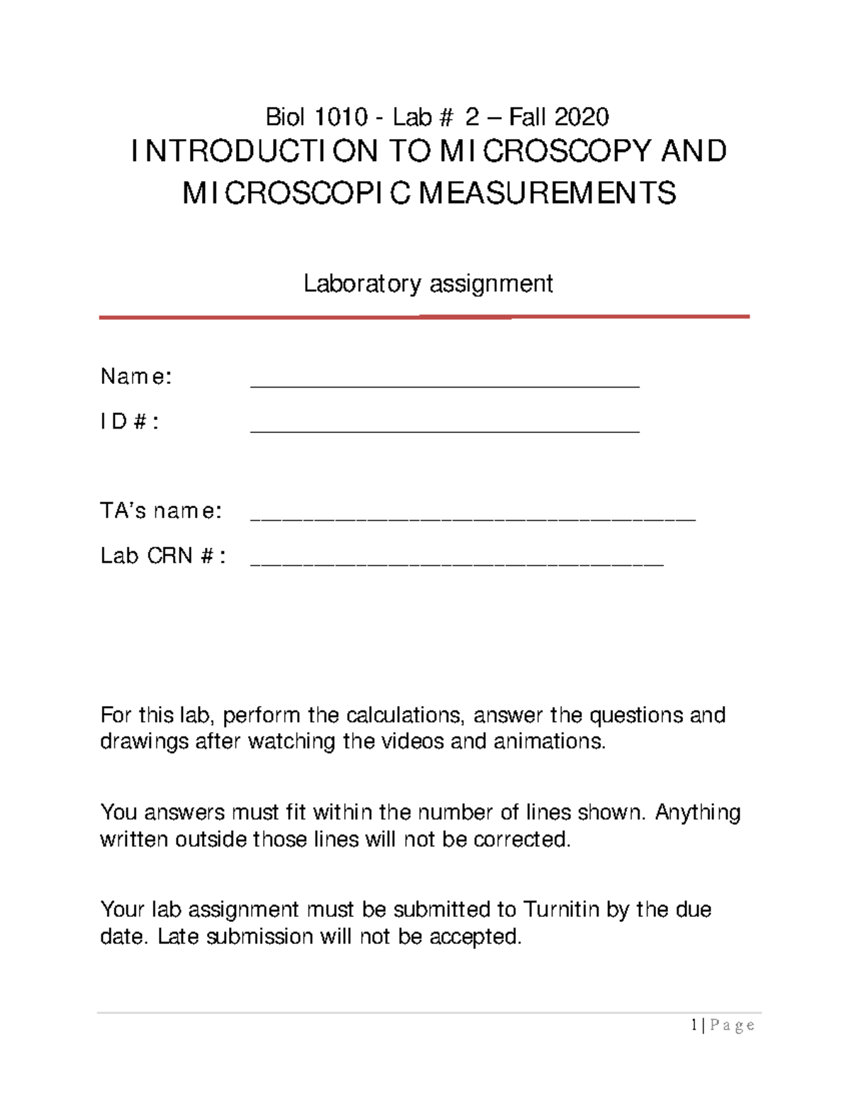 Lab 2 - Microscopy - Lab Assignment - F2020 - Biol 1010 - Lab # 2 ...