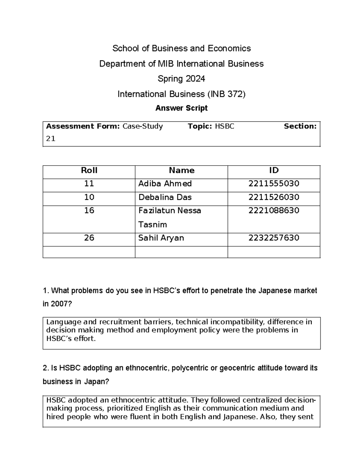 Case Study HSBC - School of Business and Economics Department of MIB ...