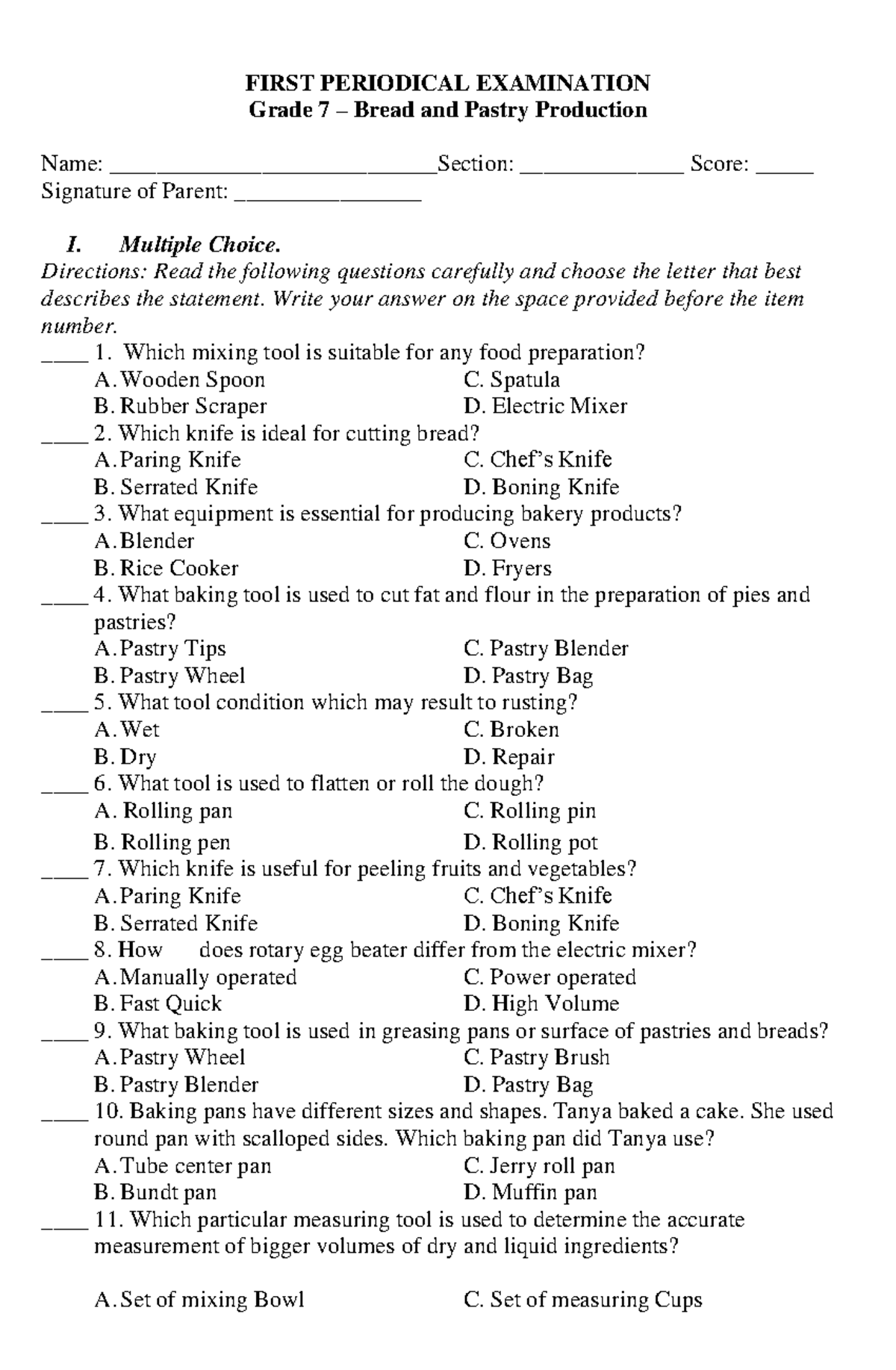 1st Quarter Examination BPP 23-24 - FIRST PERIODICAL EXAMINATION Grade ...