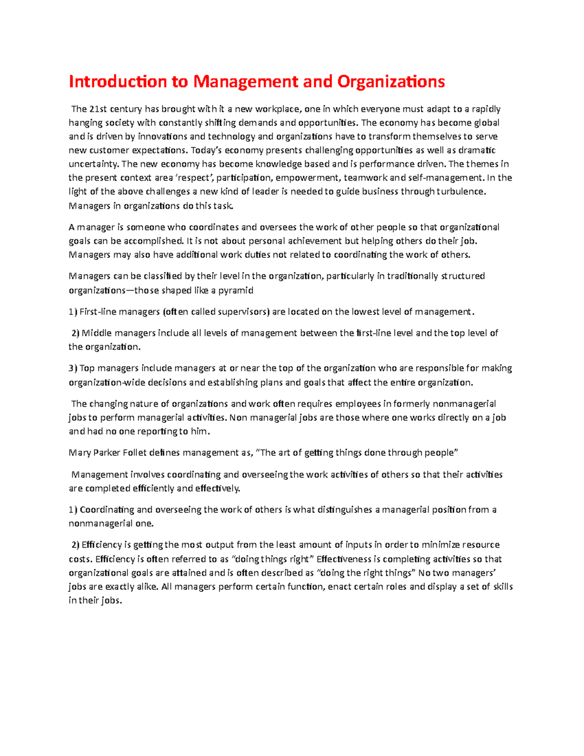 Business management introduction - Introduction to Management and ...