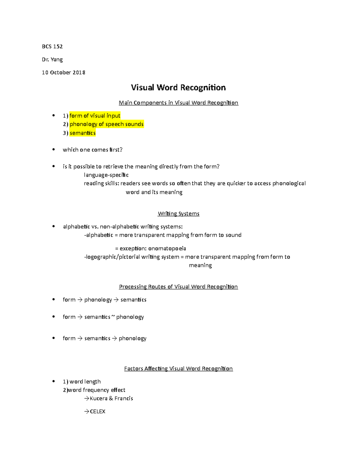 Visual Word Recognition - BCS 152 Dr. Yang 10 October 2018 Visual Word ...