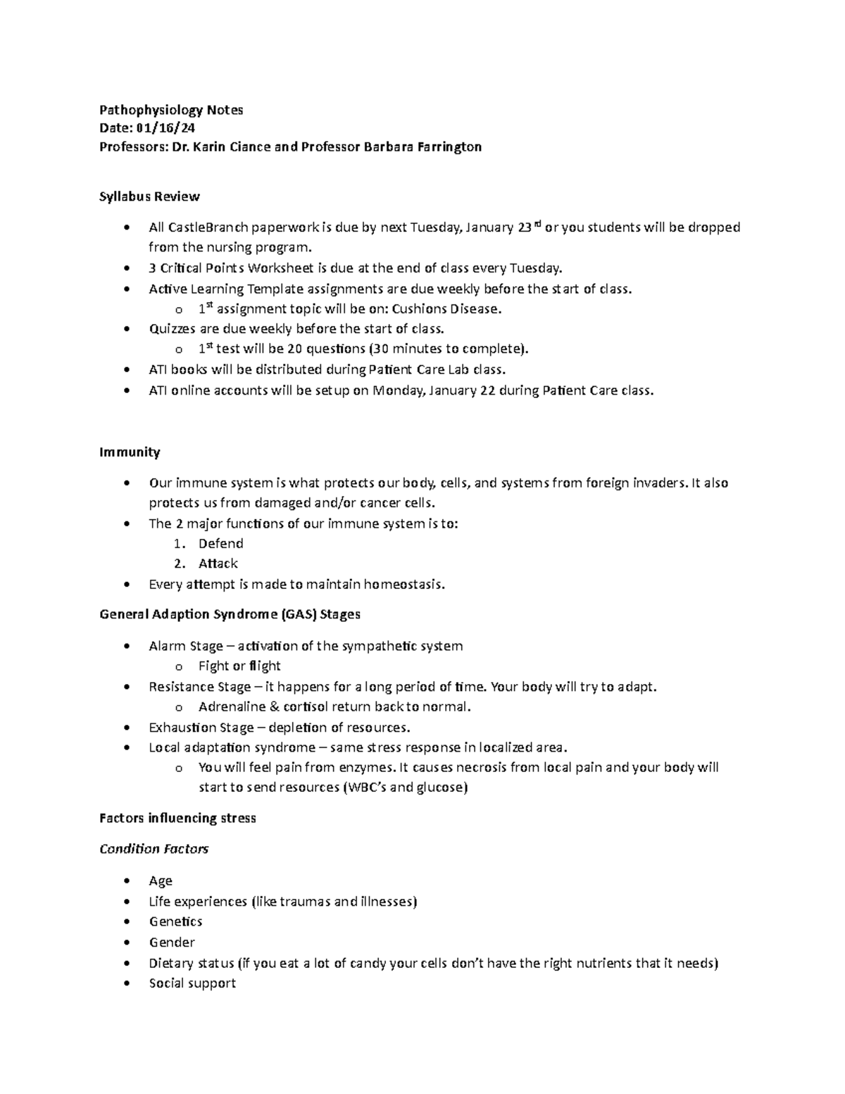 Pathophysiology Notes 01-16-24 - Pathophysiology Notes Date: 01/16 ...