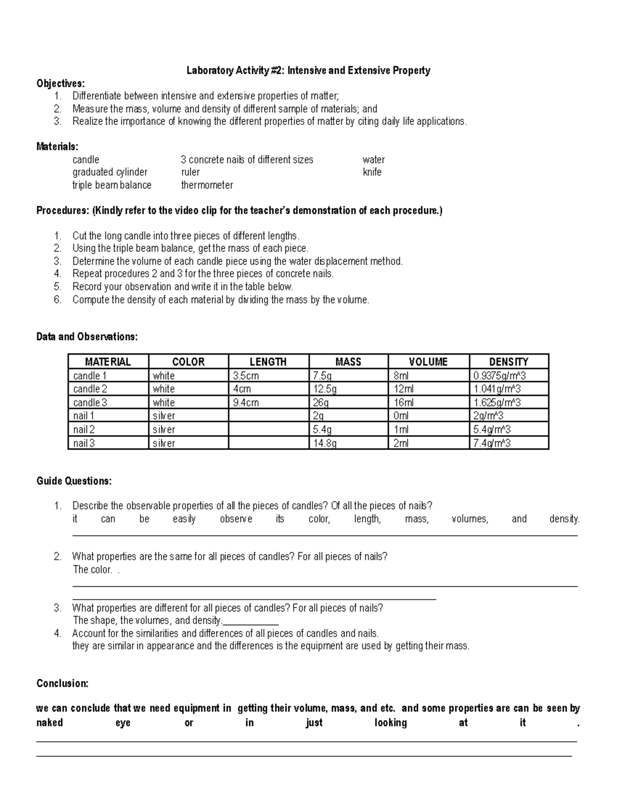 Laboratory Activity 2 Intensive and Extensive Property - Laboratory ...