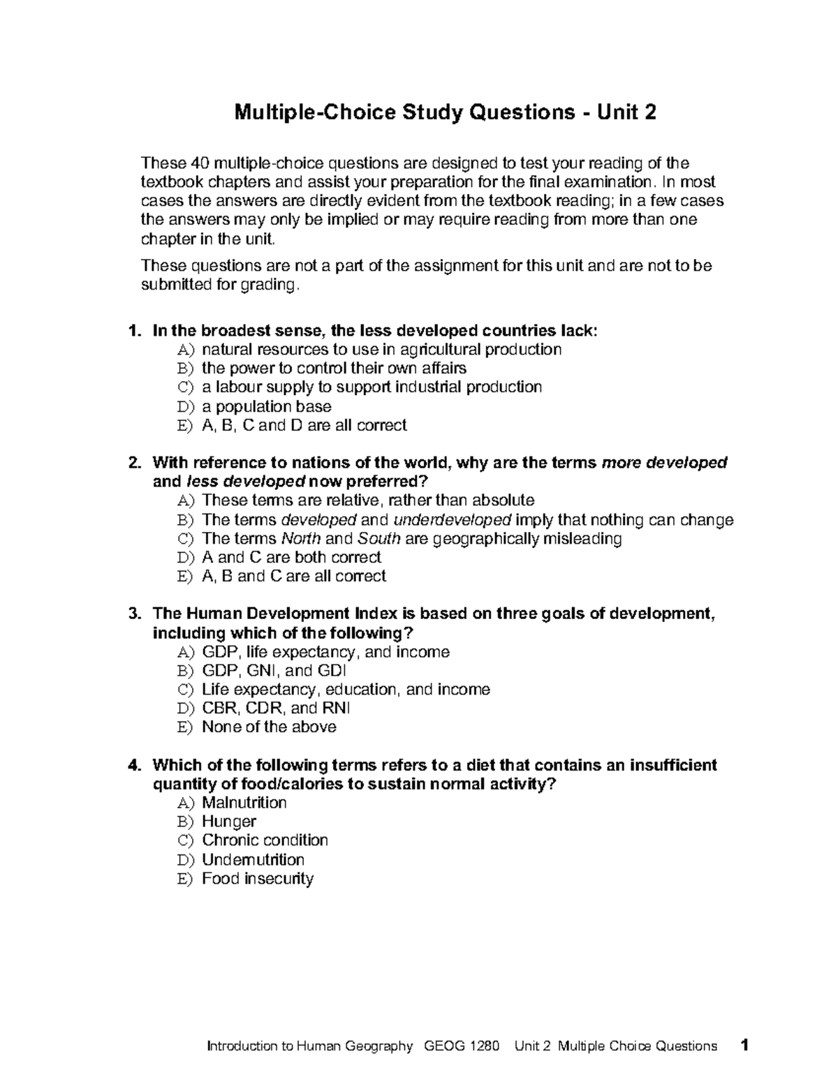 Unit 2 - MC Questions - Introduction to Human Geography GEOG 1280 Unit ...
