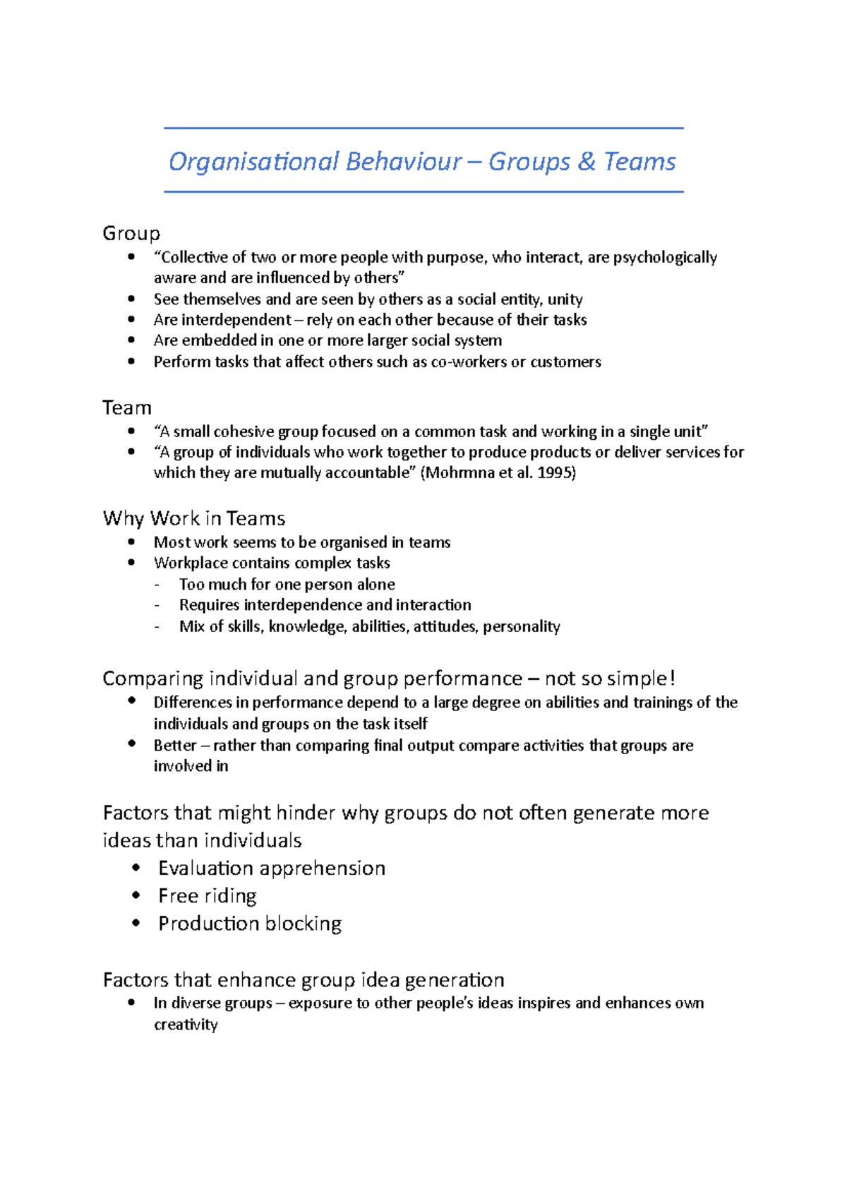 Lesson 4 – Groups - Lecture notes 1 - Organisational Behaviour – Groups ...