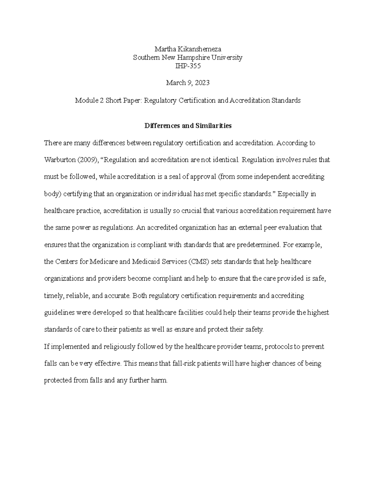 IHP-355 Module 2-2 Short Paper - Martha Kikanshemeza Southern New ...