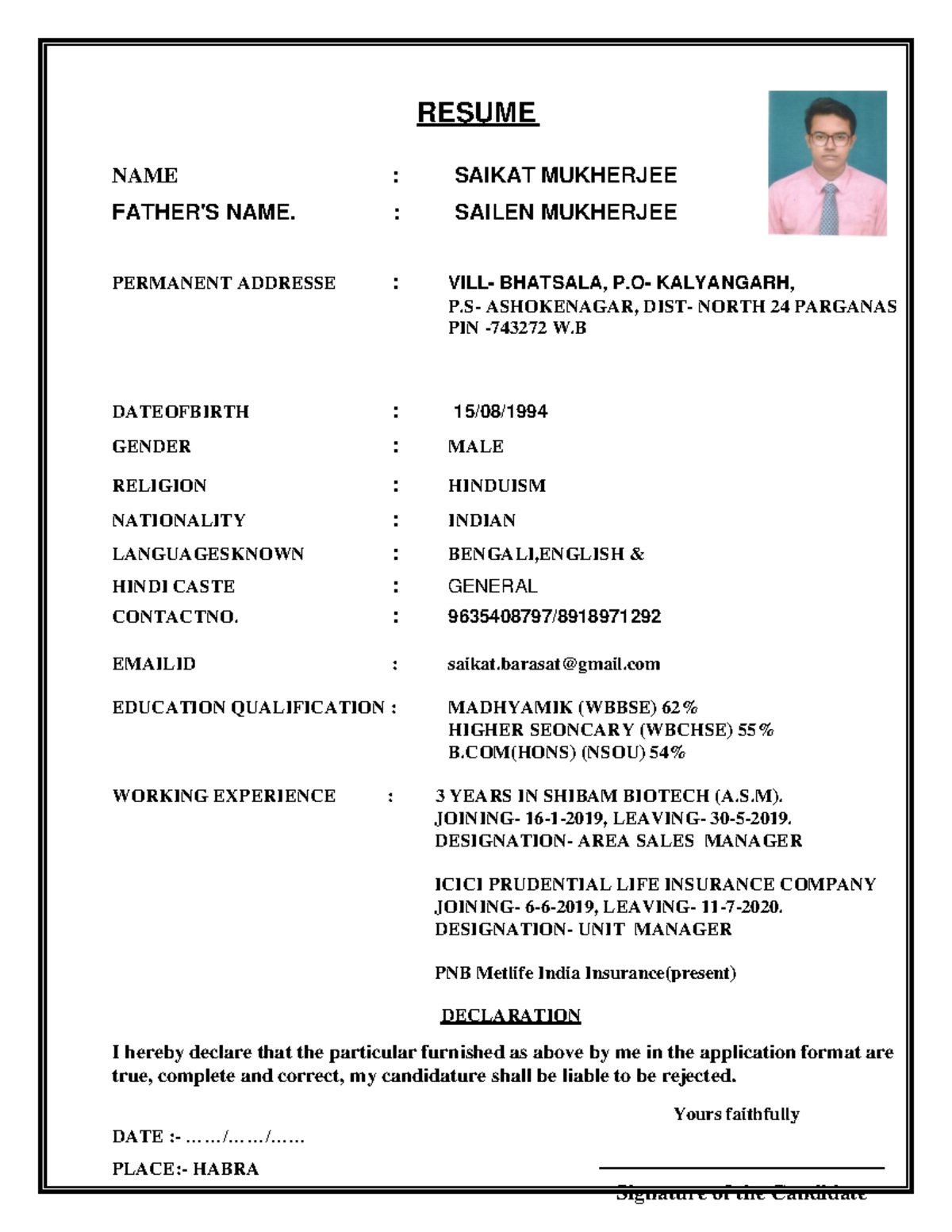 Saikat rs - It's a sample resume - RESUME NAME : SAIKAT MUKHERJEE ...
