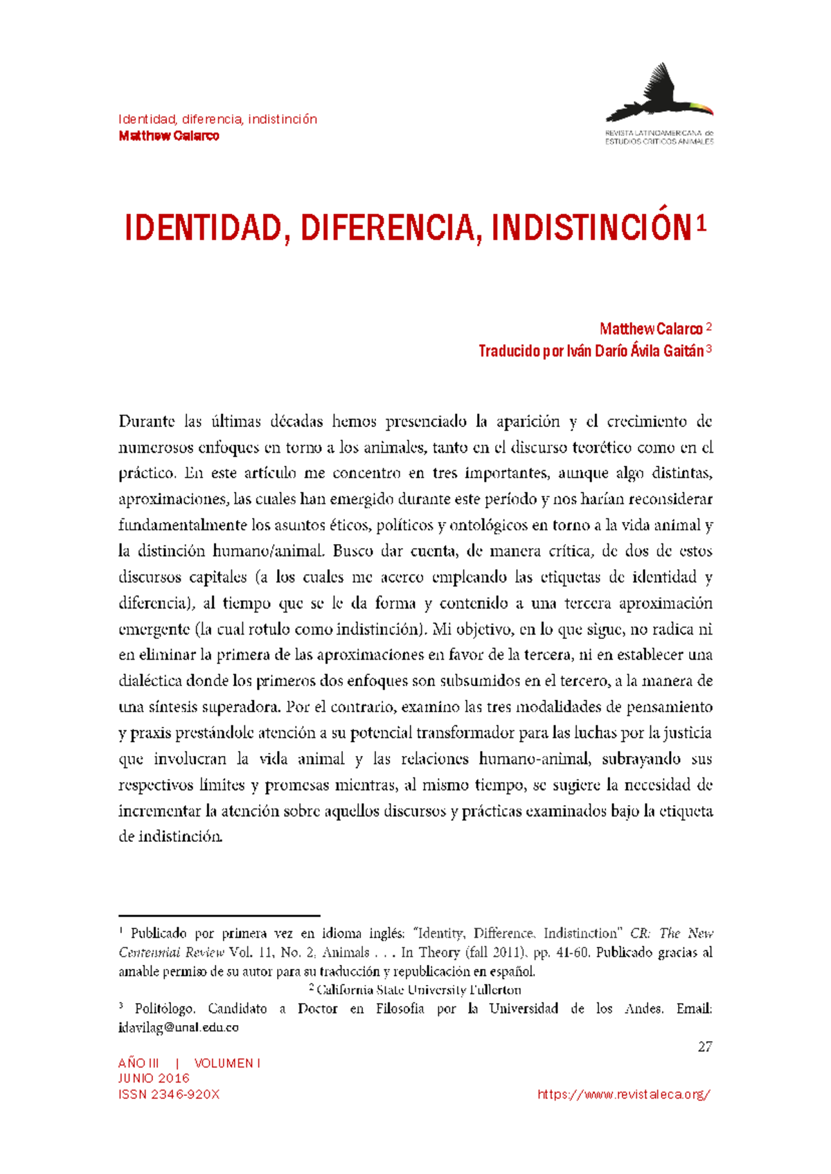 Calarco, Matthew, Identidad, diferencia, indistinción - Matthew Calarco ...