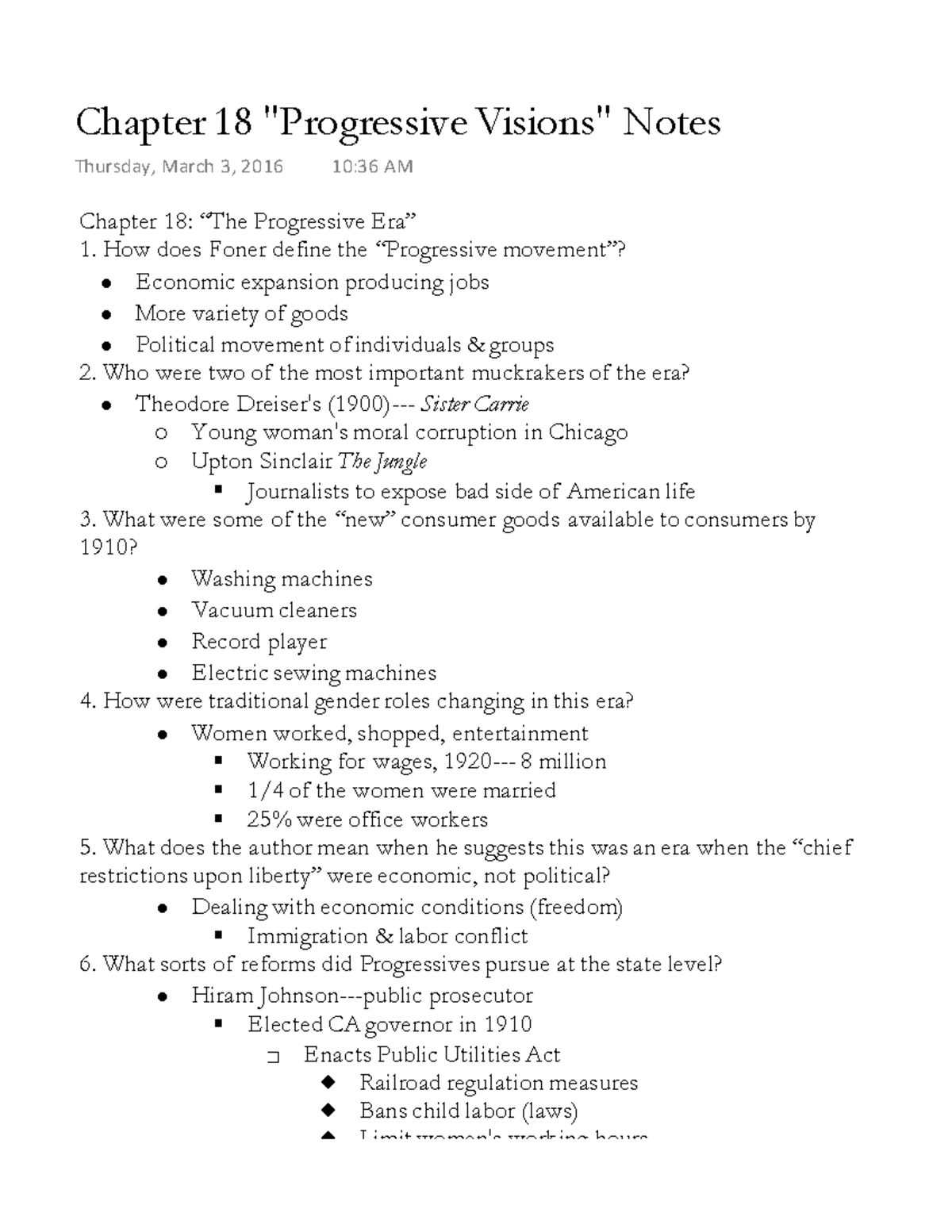 Chapter 18 Progressive Visions Notes - Chapter 18 Notes Thursday, March ...