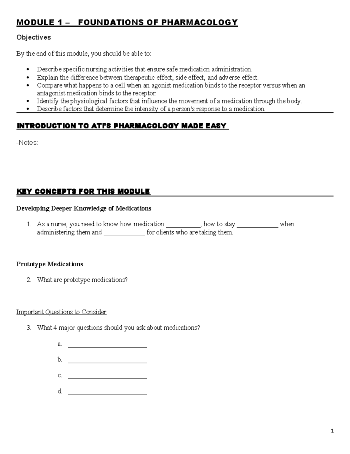 Module 1 pharm prof - notes - MODULE 1 – FOUNDATIONS OF PHARMACOLOGY ...