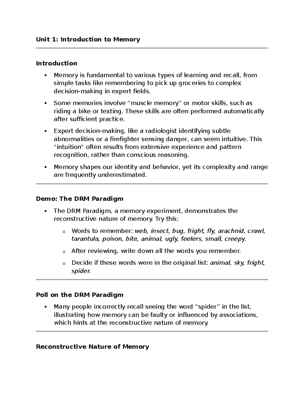Unit 1 - Memory - Unit 1: Introduction to Memory Introduction Memory is ...