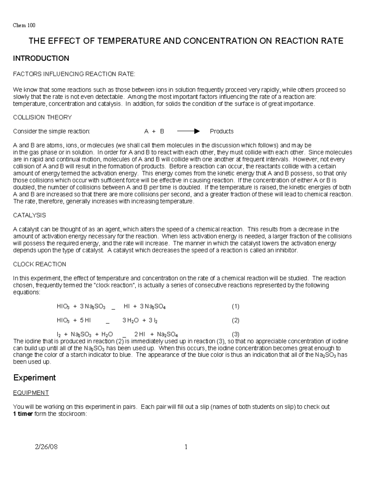Chem 100 lab 10 Reaction Rate - THE EFFECT OF TEMPERATURE AND ...