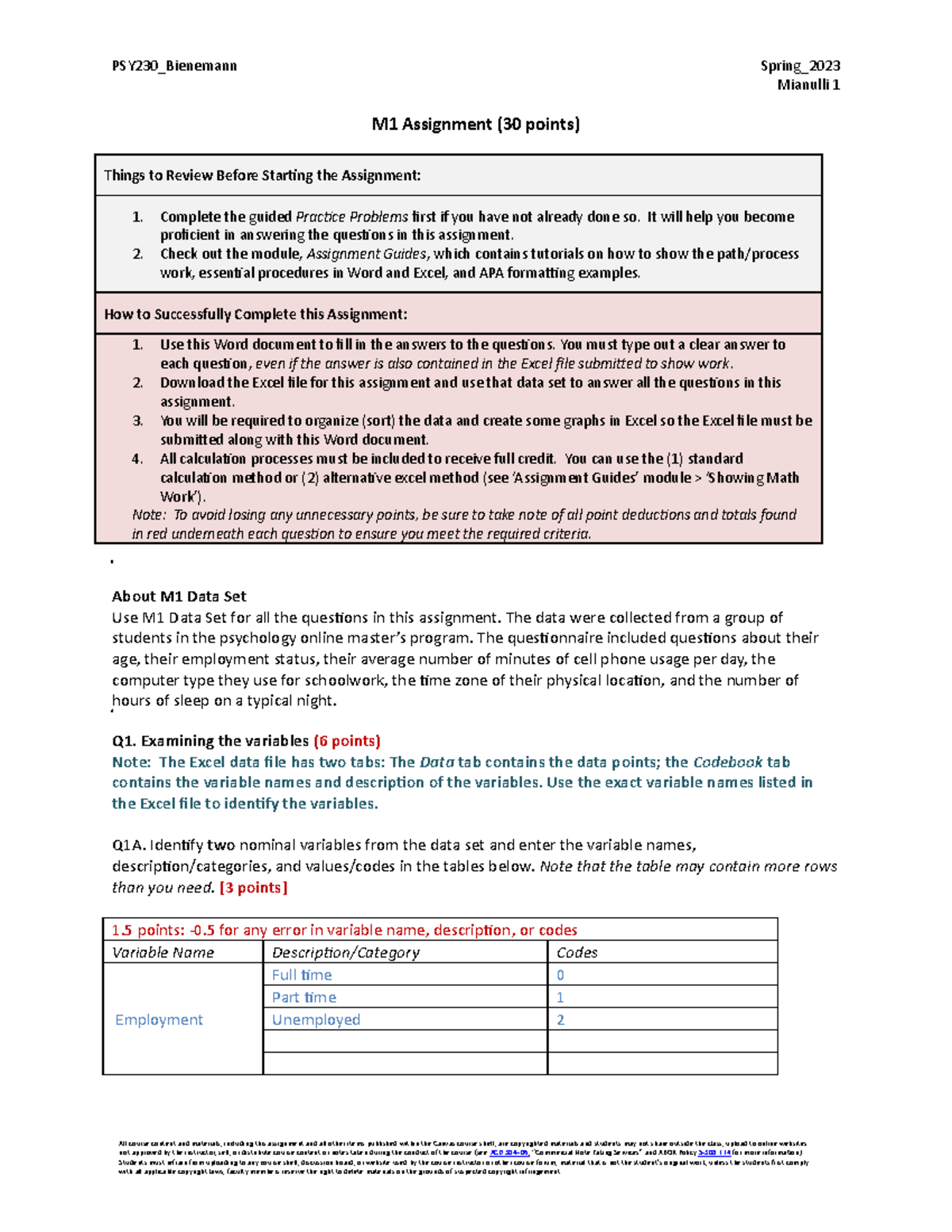 PSY230 M1 Assignment Spring 2023 - Mianulli 1 M1 Assignment (30 points) Things to Review Before ...