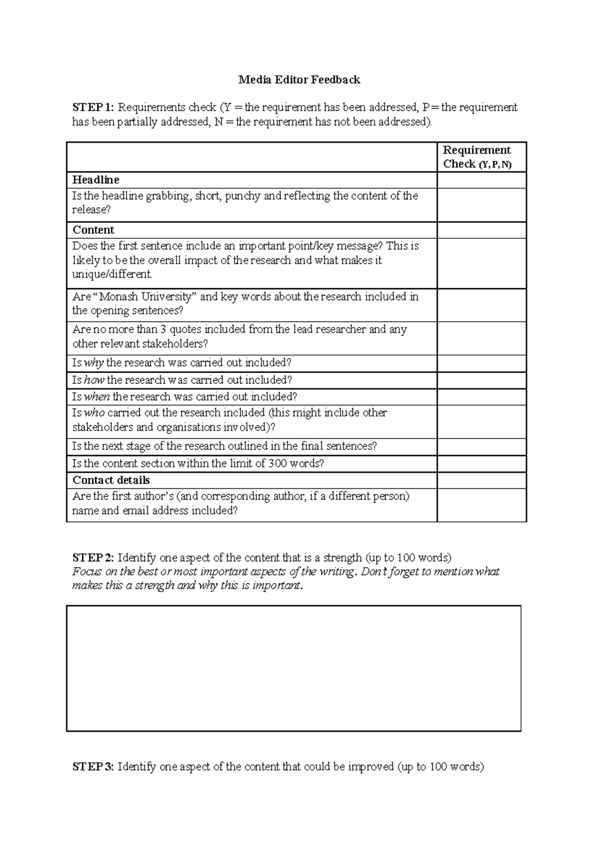 PSY2071 Media Release Editor Feedback Template - Media Editor Feedback ...
