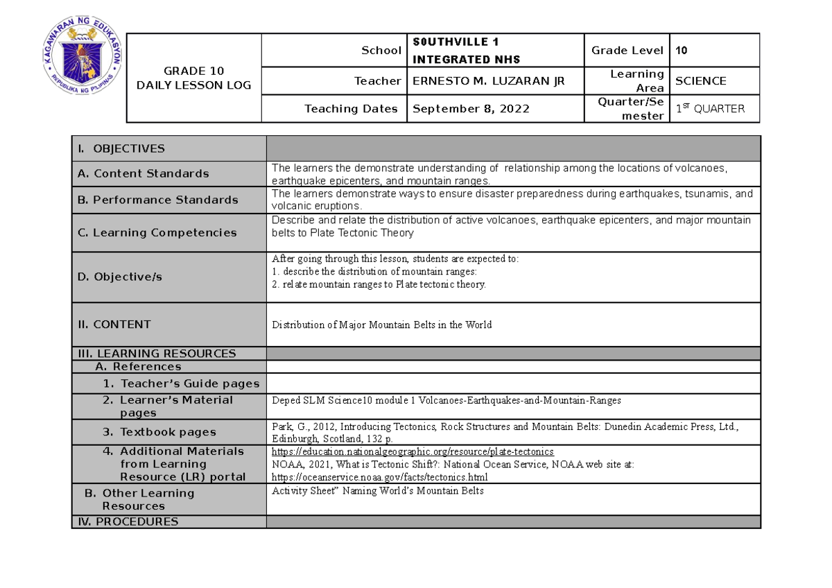 Dll science 10 week 3 - READING - GRADE 10 DAILY LESSON LOG School ...