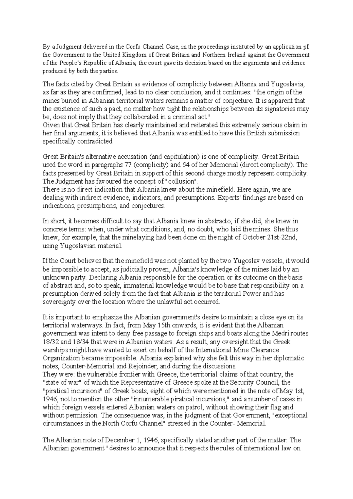 Reverse judgment Corfu Channel case - By a Judgment delivered in the ...