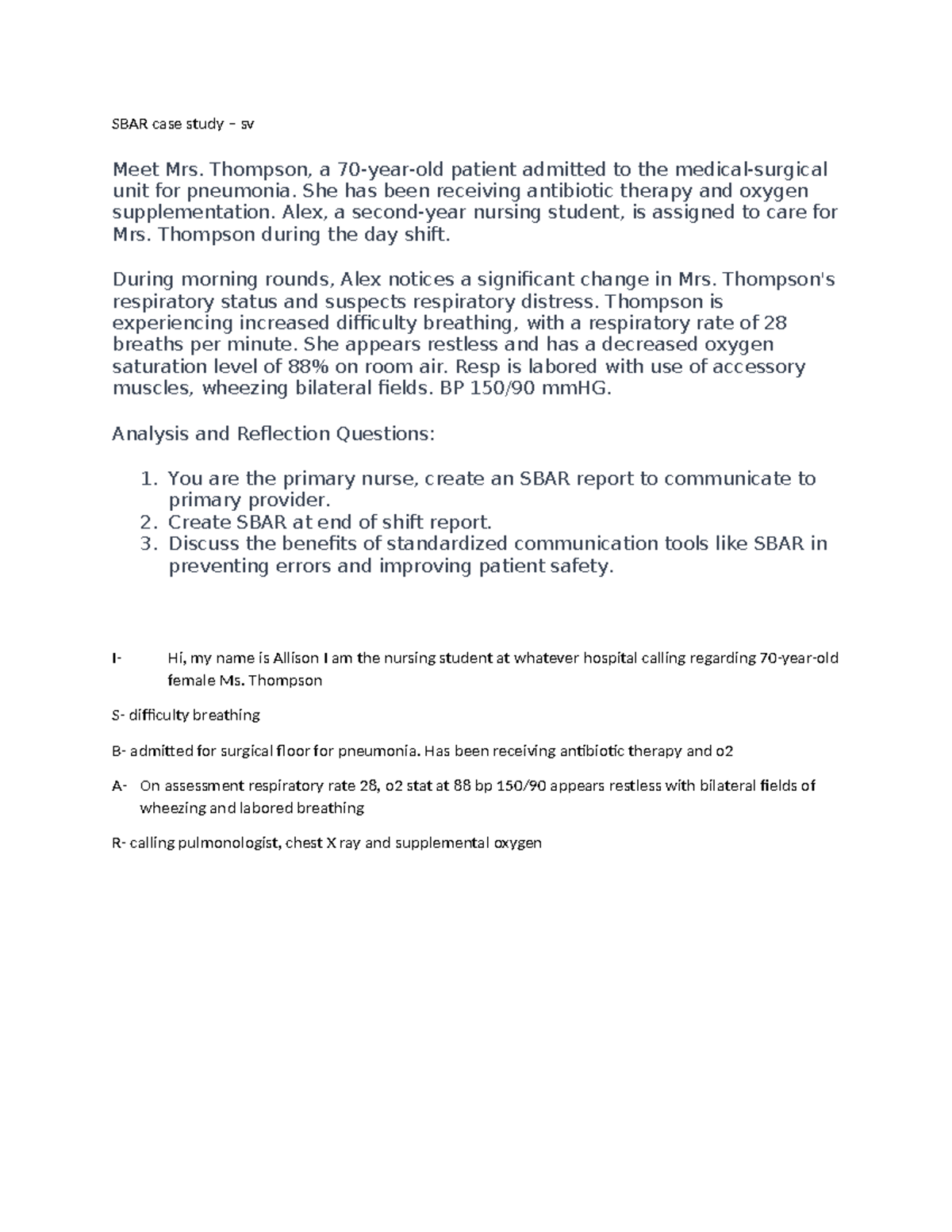 SBAR case study 2- sv - bkjhkcfutyfouh - SBAR case study – sv Meet Mrs ...