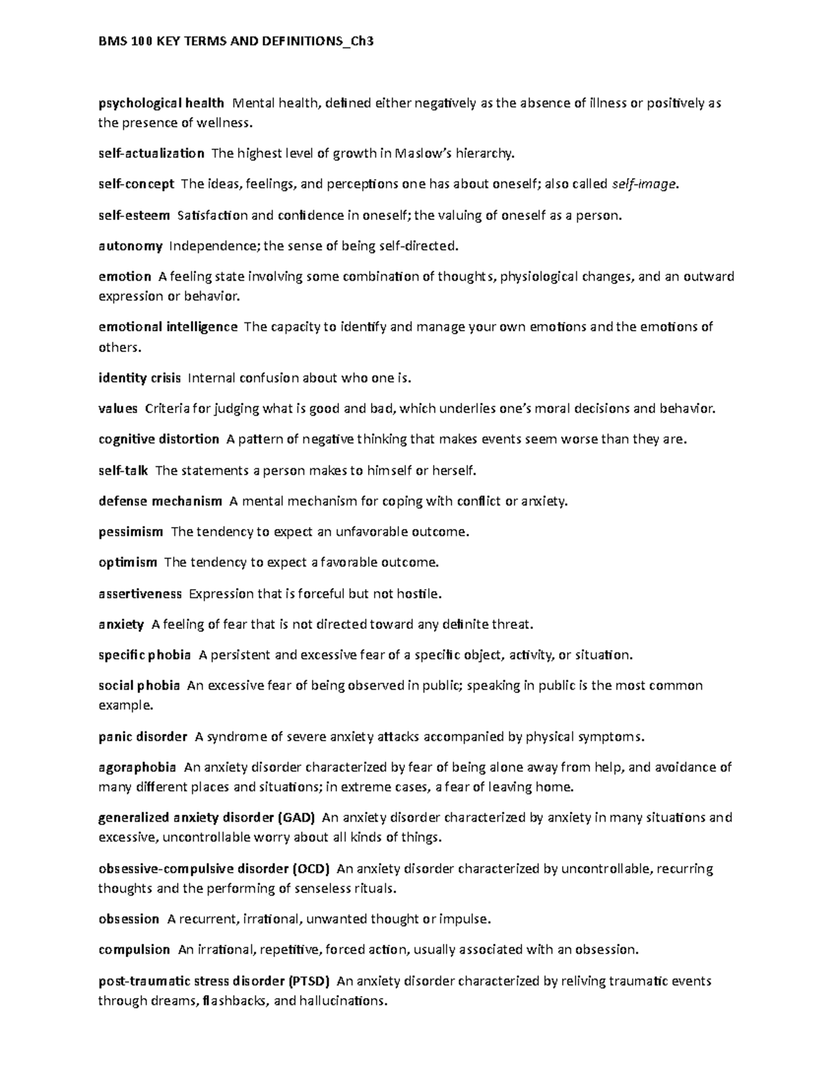 BMS 100 Ch. 3 Terms - BMS 100 KEY TERMS AND DEFINITIONS_Ch3 ...