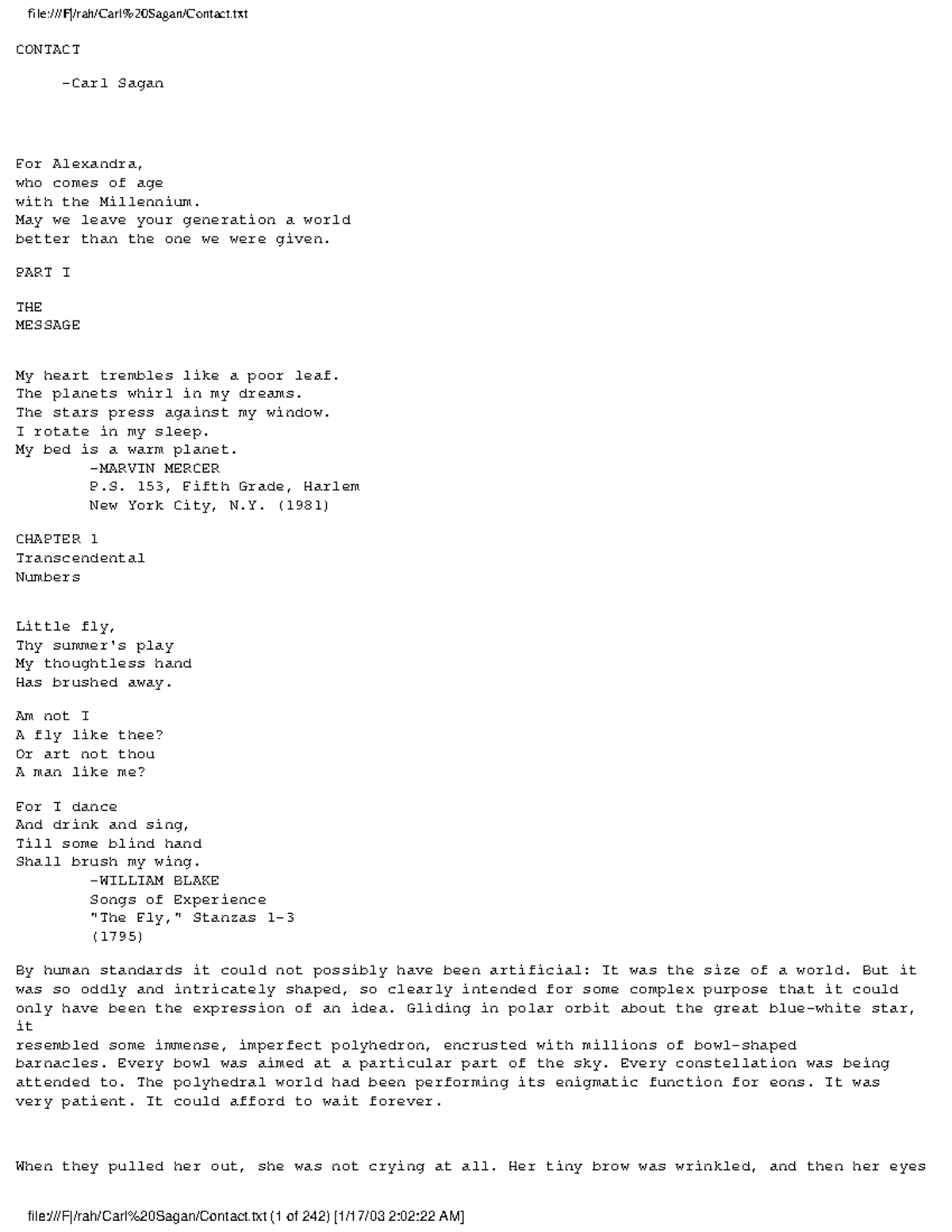 Contact - Fictional book - CONTACT -Carl Sagan For Alexandra, who comes ...