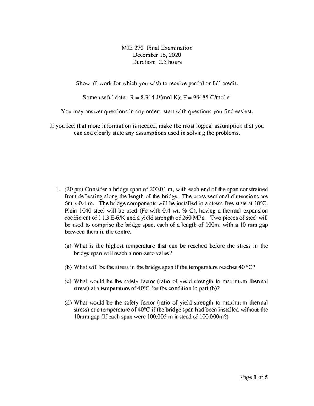 MIE270H1 20209 631639165690 MIE 270 final exam 2020 - final version - MIE 270 Final Examination ...