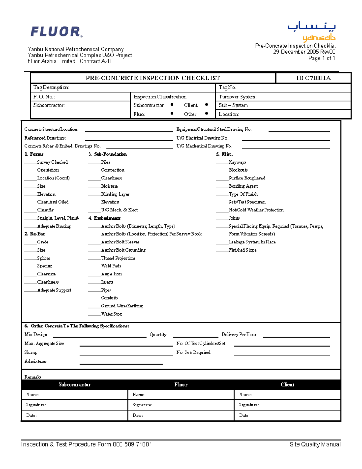 71001 Pre-Concrete Inspection Checklist - Yanbu National Petrochemical ...