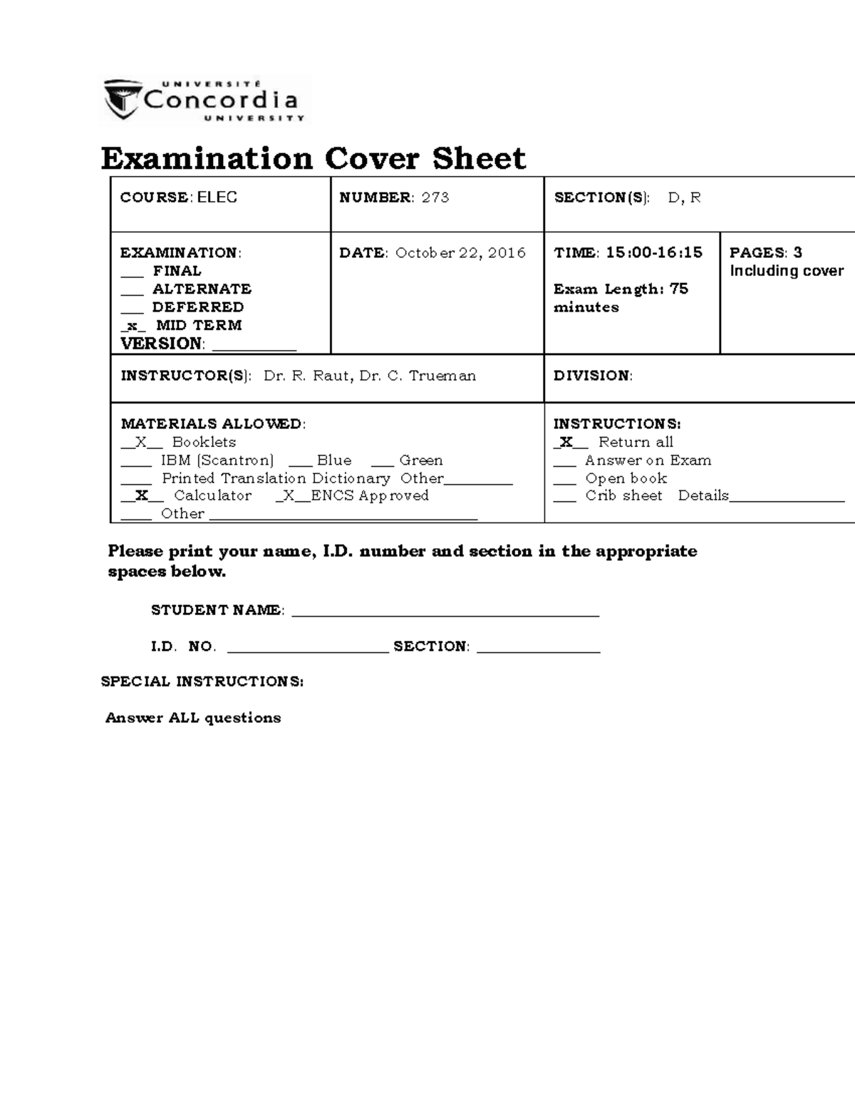 Midterm Test 2016, questions and answers - Examination Cover Sheet ...