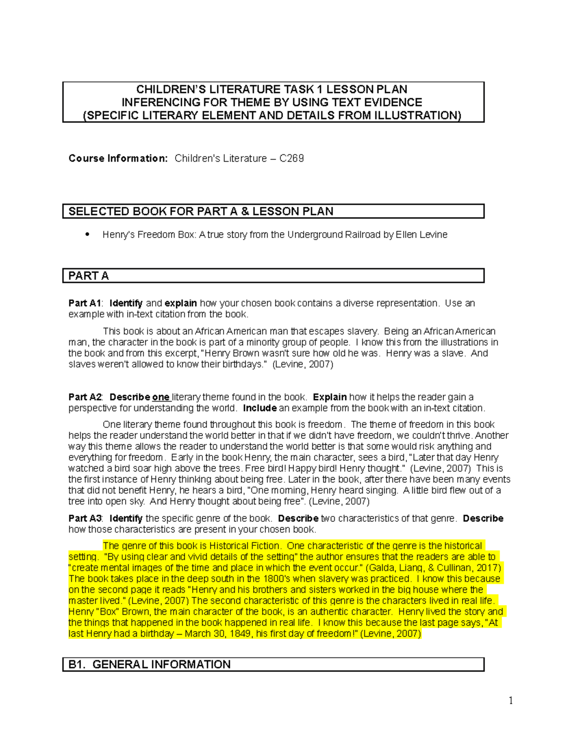 C269 Task 1 - Lesson Plan - CHILDREN’S LITERATURE TASK 1 LESSON PLAN ...