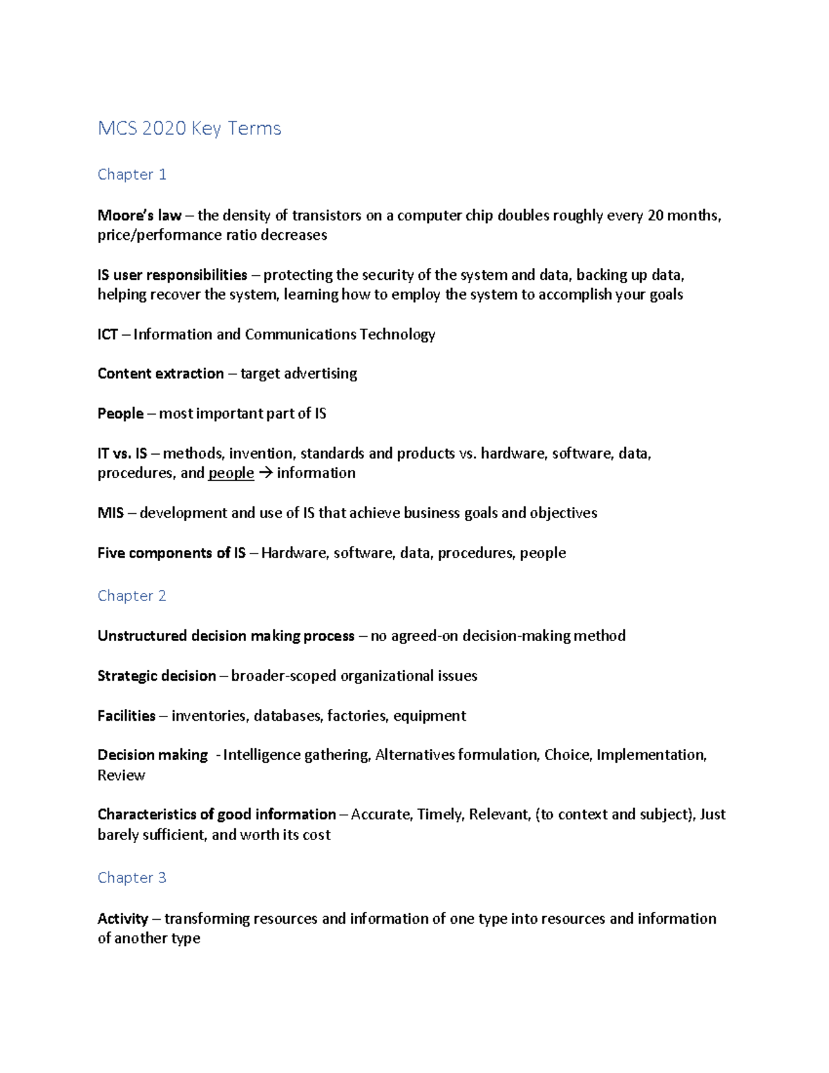 MCS 2020 Key Terms - Final exam notes - MCS 2020 Key Terms Chapter 1 ...