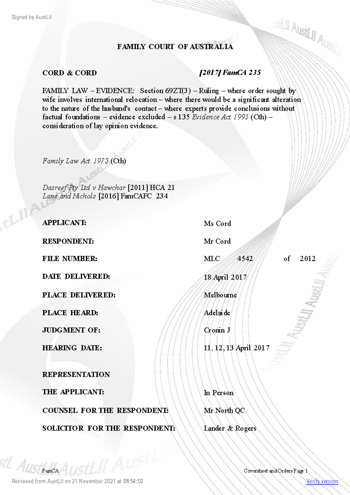 Cord v Cord Fam CA 2017 235 - FamCA Coversheet and Orders Page 1 FAMILY ...