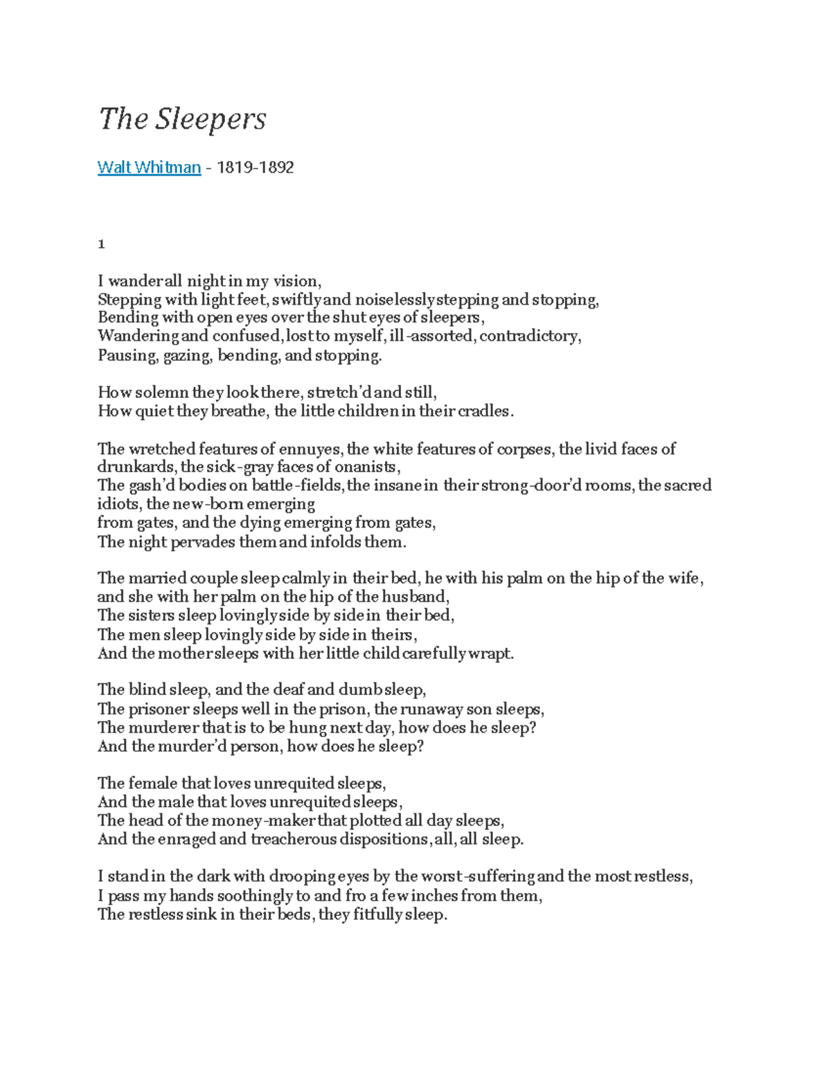 The Sleepers - Copy - Poem - The Sleepers Walt Whitman - 1819- 1 I ...