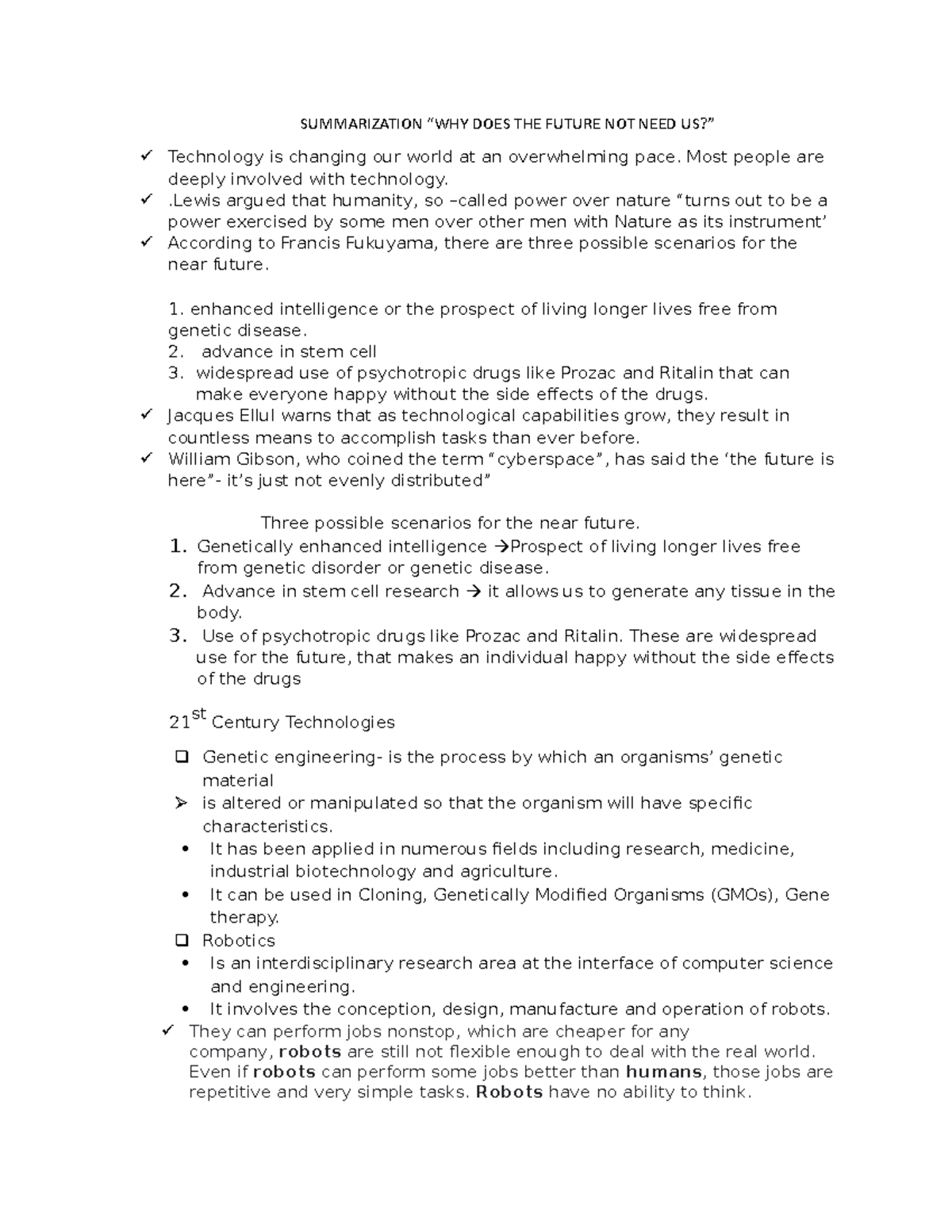 Summarization Chapter 11 WHY DOES THE Future DOES NOT NEED US - SUMMARIZATION “WHY DOES THE ...
