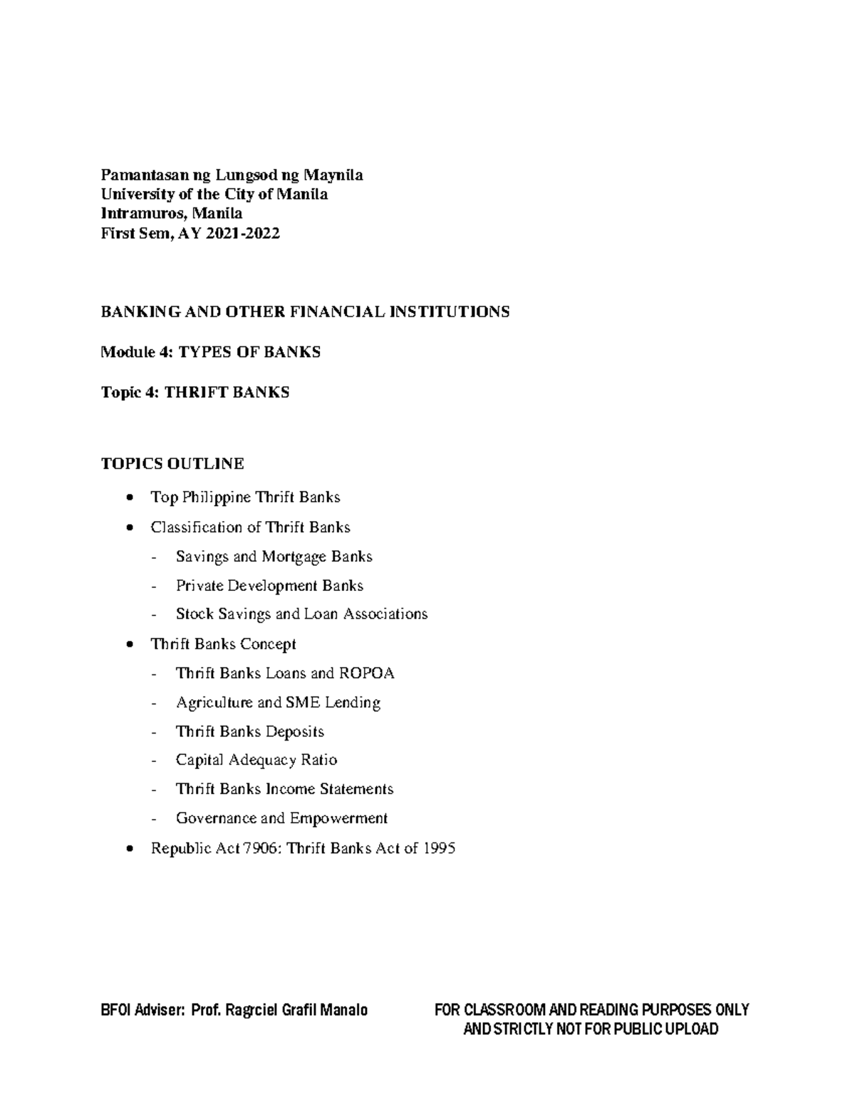 PDF Word Module of BOFI Module 4 Topic 4 Thrift Bank - BFOI Adviser ...