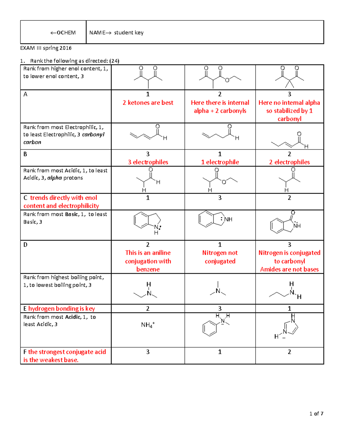 Exam 3 Key - Exam 3 Key - OCHEM NAME student key EXAM III spring 2016 1 ...