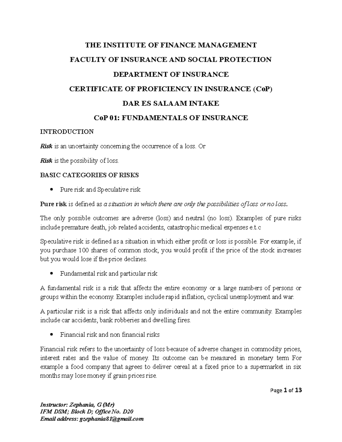 COP01 Fundamentals OF Insurance Handout - THE INSTITUTE OF FINANCE ...