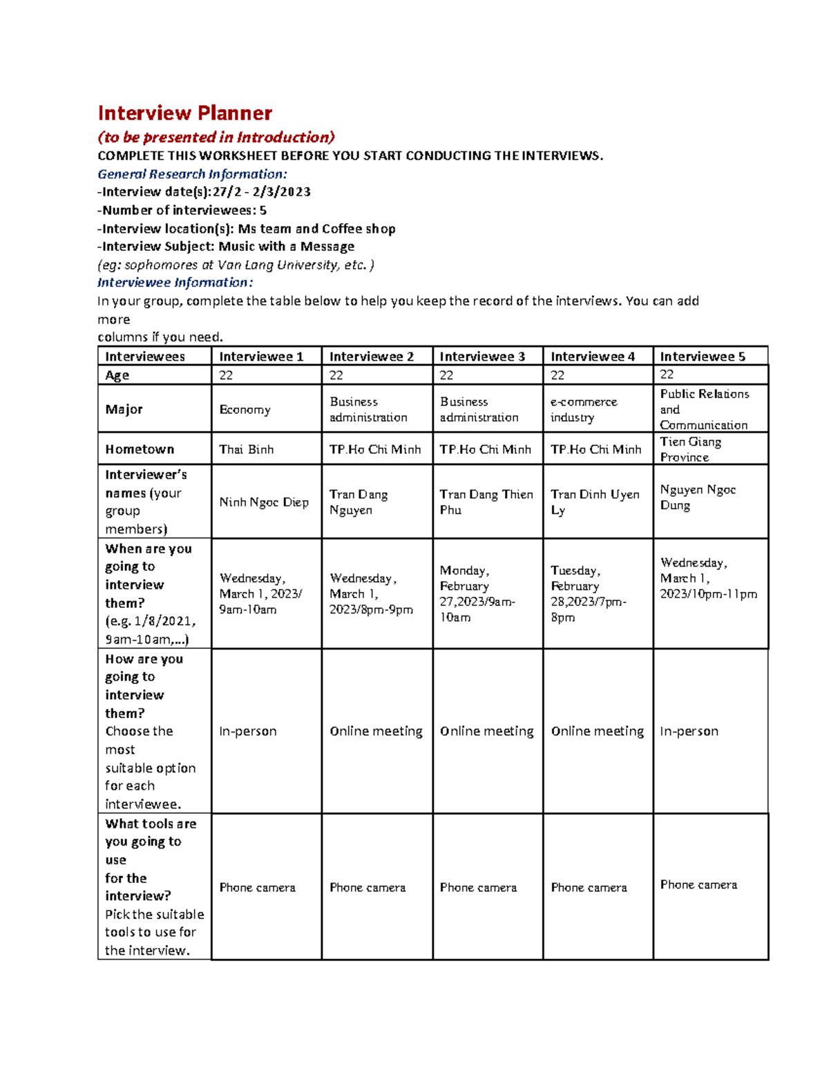 Interview - Planner - Gr3 - Interview Planner (to be presented in Introduction) COMPLETE THIS ...