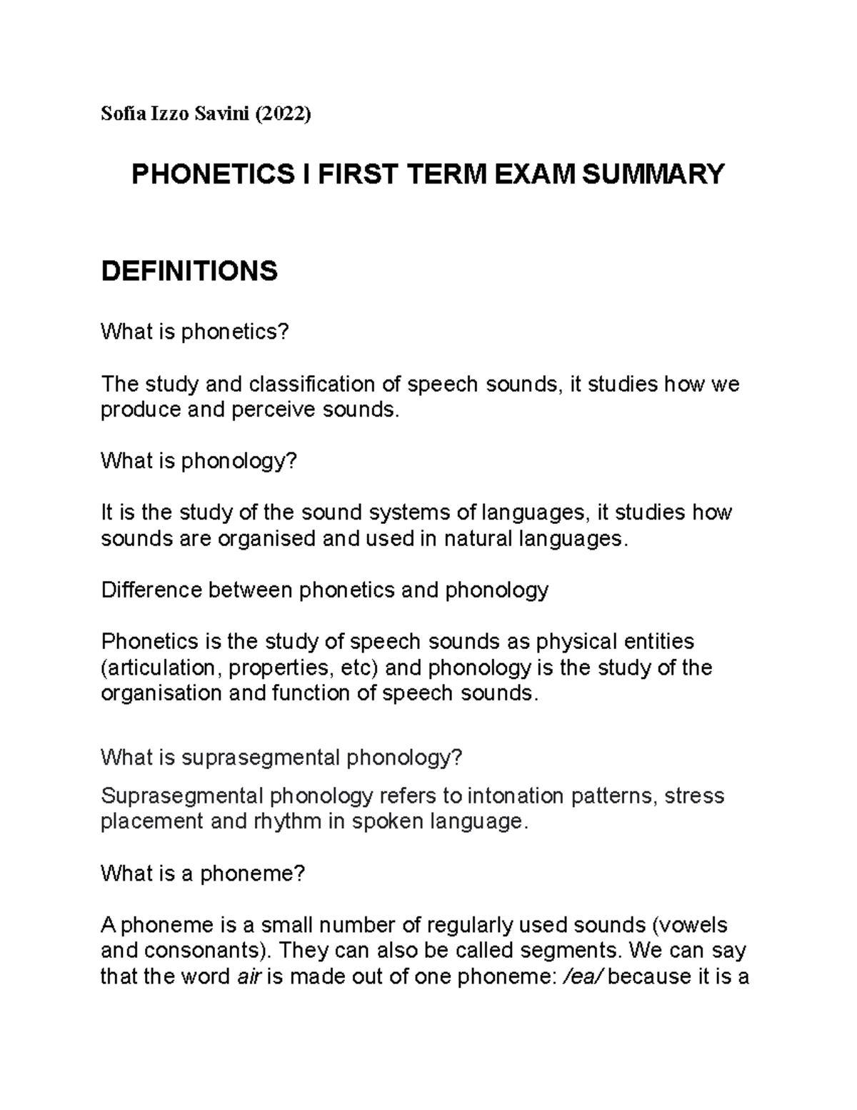 Phonetics I First TERM EXAM Summary - Sofía Izzo Savini (2022 ...