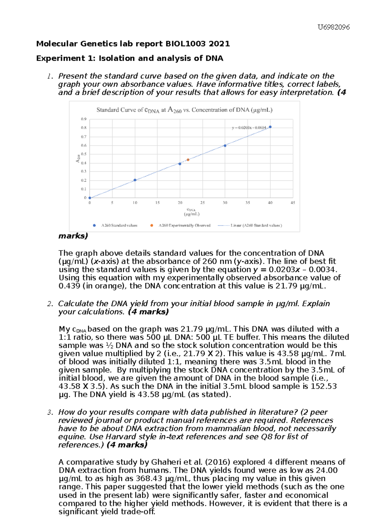 Biol1003 assignment 3 DNA - Molecular Genetics lab report BIOL1003 2021 ...