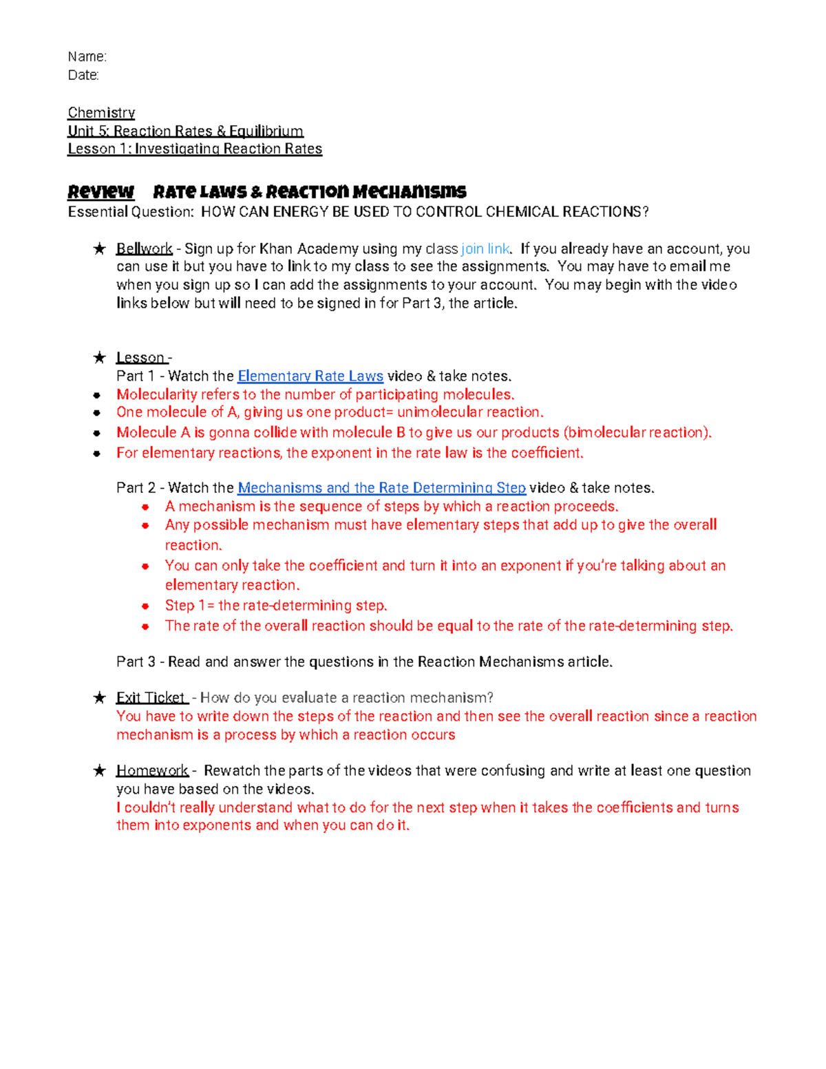 Reaction Mechanisms - Name: Date: Chemistry Unit 5: Reaction Rates ...