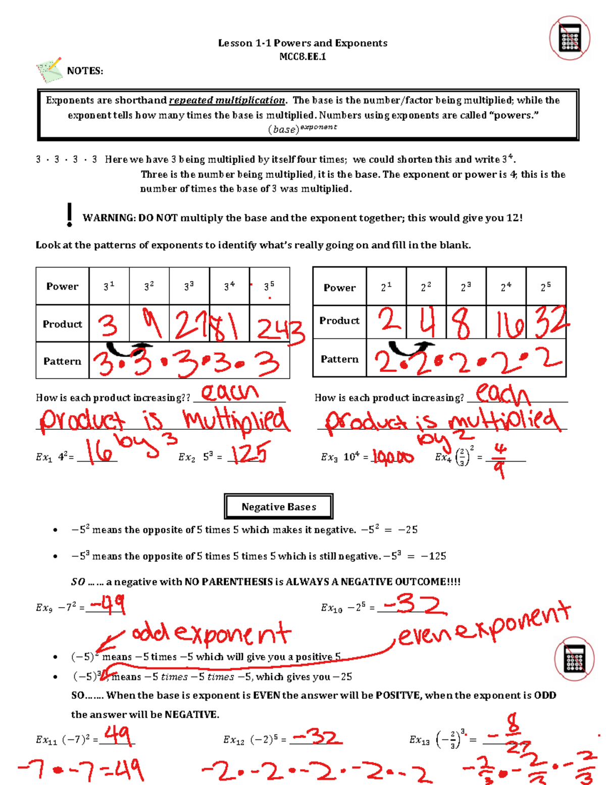 Lesson 1-1-Powers and Exponents - Negative Bases Lesson 1-1 Powers and ...
