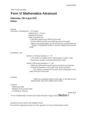 HSC Mathematics Advanced Year 12 Question and Answer Booklet 2022 ...