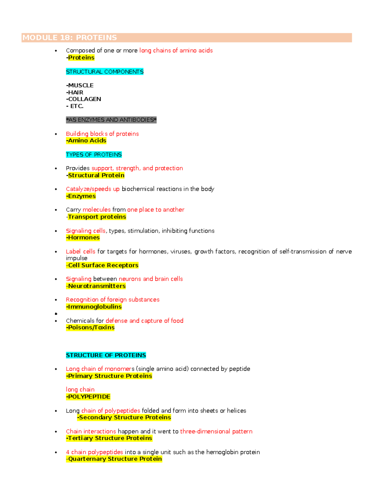 Biology- Reviewer - fer - MODULE 18: PROTEINS Composed of one or more ...