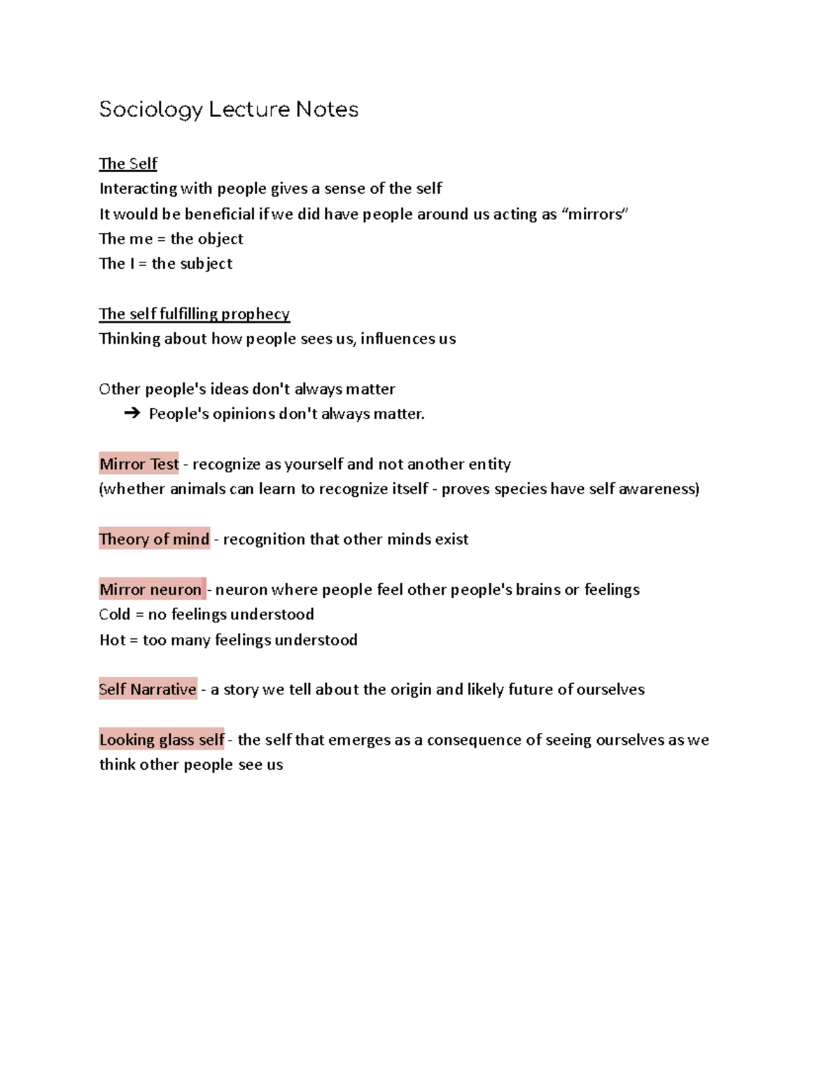 Sociology notes - Sociology Lecture Notes The Self Interacting with ...