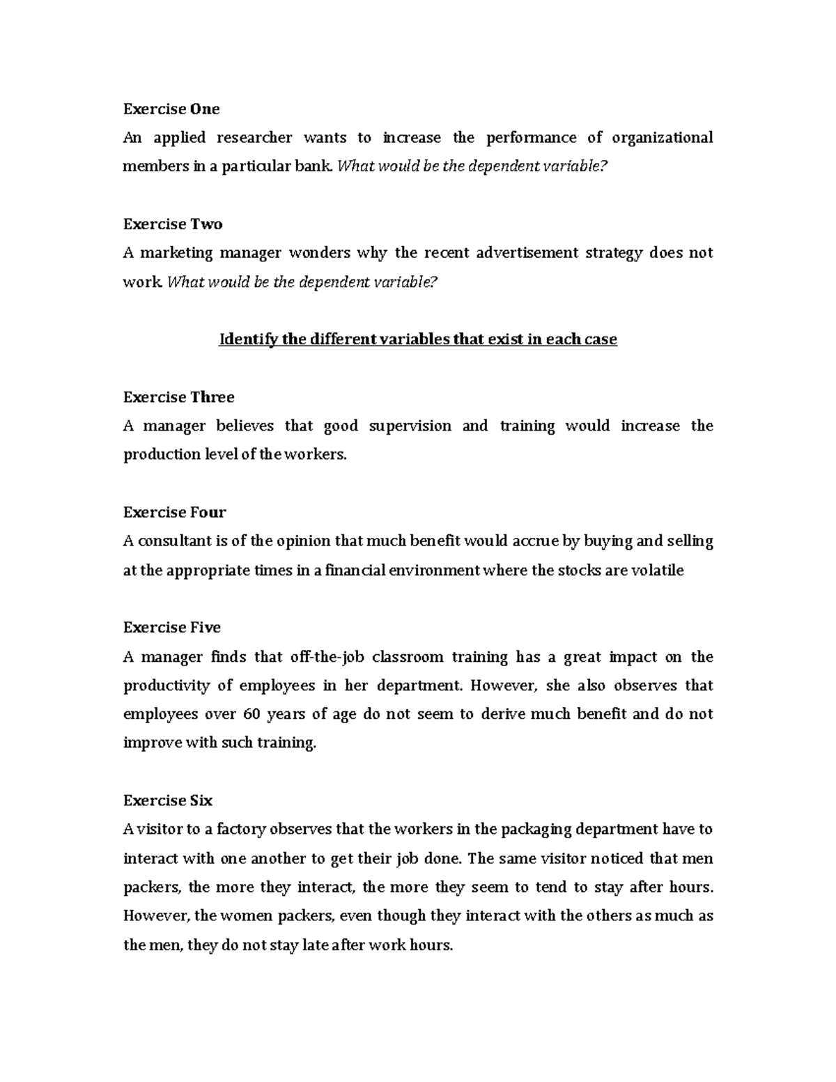 Simplified Variables activity - Exercise One An applied researcher ...