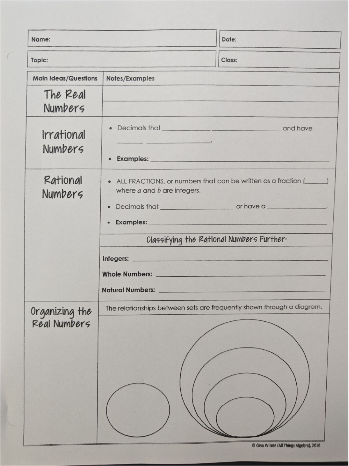 1-2 notes - Name: Date: Topic: Class: Main The Real Numbers Decimals ...