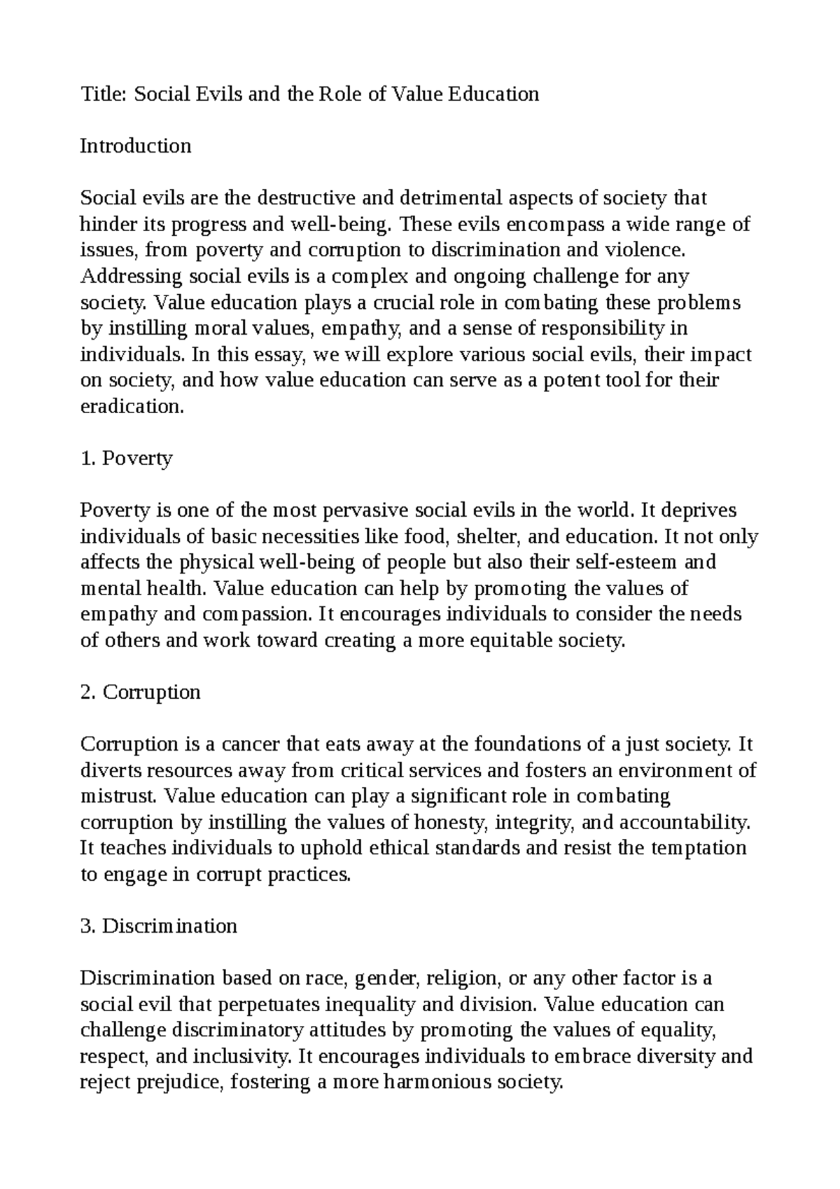 EVSword - Very good - Title: Social Evils and the Role of Value ...