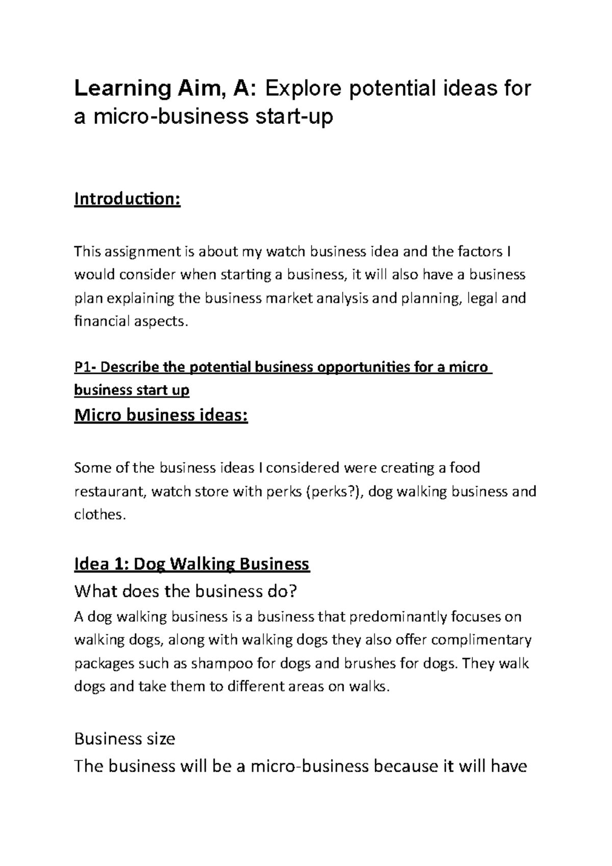 Learning Aim, A Explore potential ideas for a micro-business start-up ...