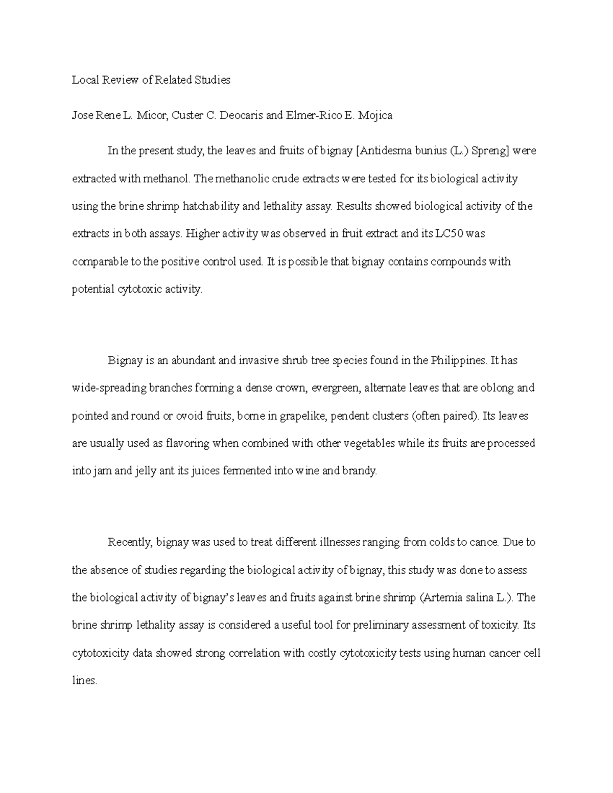 Bignay - Local Review of Related Studies Jose Rene L. Micor, Custer C ...