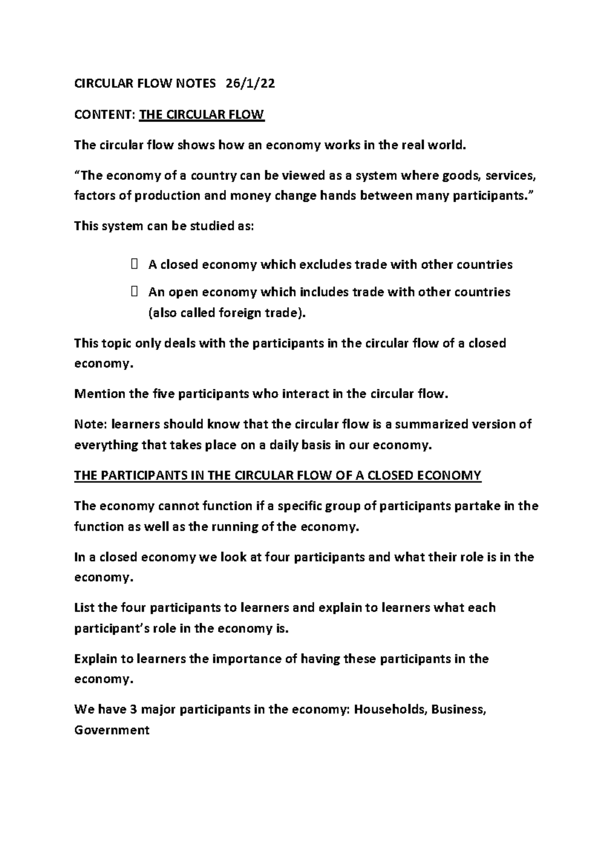 Circular flow notes - CIRCULAR FLOW NOTES 26/1/ CONTENT: THE CIRCULAR ...