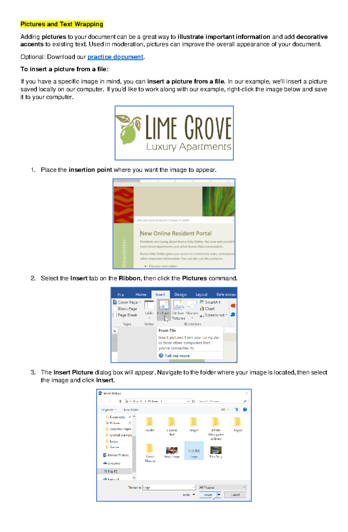 Lesson 6 - Working with Objects - Pictures and Text Wrapping Adding pictures to your document ...